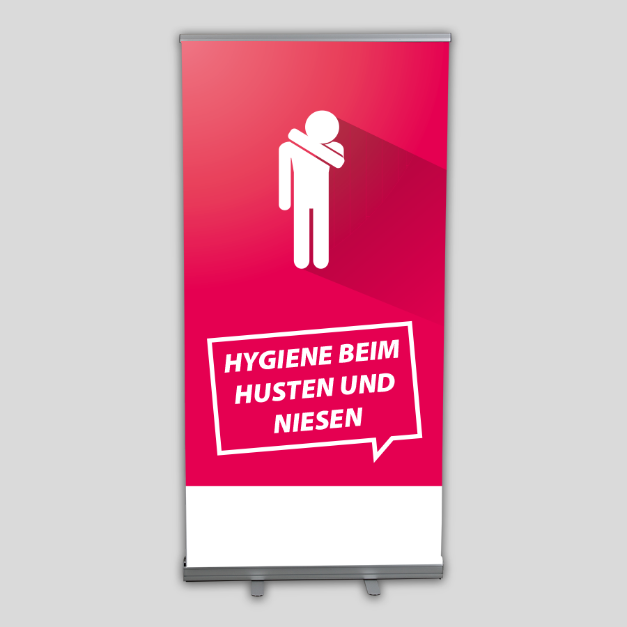 Roll-Up Bannerdisplay (PVC-frei) mit Motiv HYGIENE BEIM HUSTEN UND NIESEN 85 cm x 200 cm ...